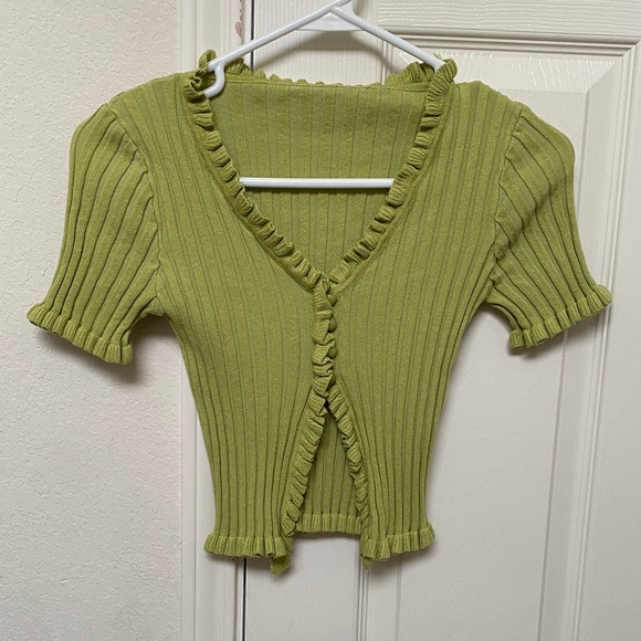 Tops | Green Ribbed Ruffle Trim Top | Poshmark